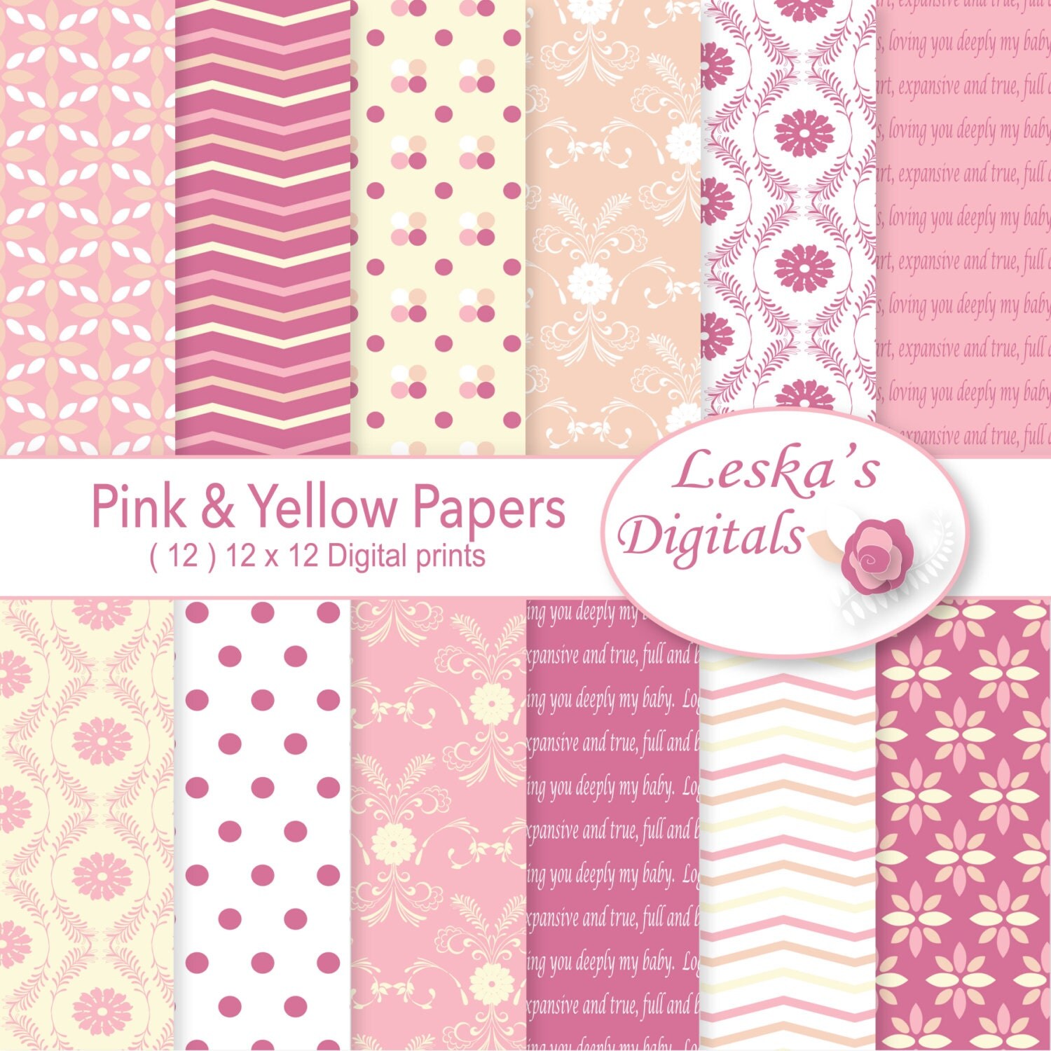 Pink and Yellow Digital Paper Scrapbooking Paper Pink and