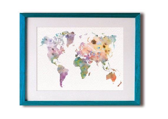 Colorful World Map Watercolor Print 5x7 Archival by ElfShoppe