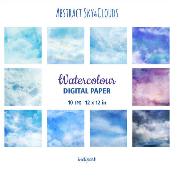 Abstract Sky Clouds Watercolour Digital Paper Clip Art. Set of