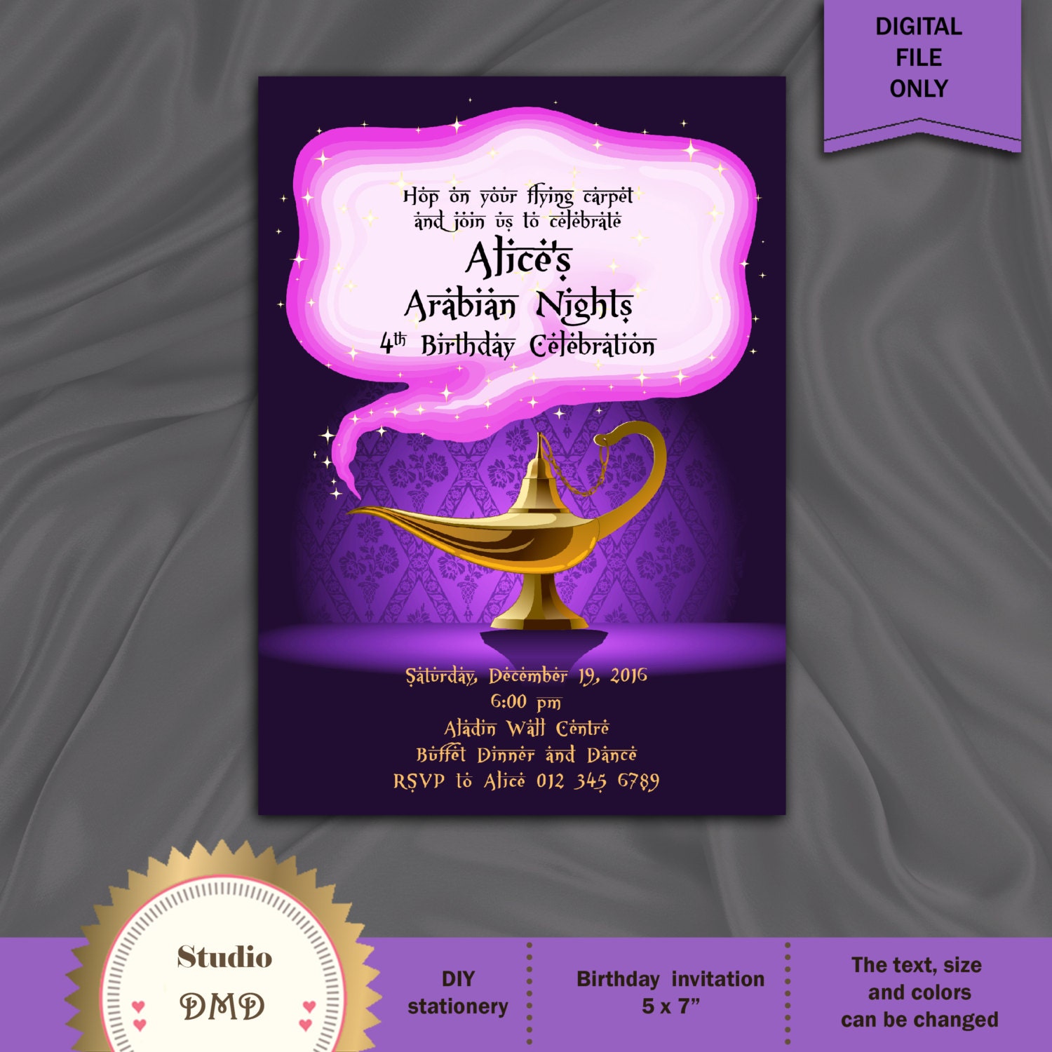 Aladdin Lamp Birthday Party Invitation Purple Pink 1st 16th