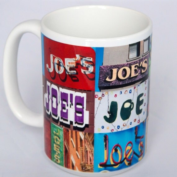 Personalized Coffee Mug featuring the name JOE in photos of