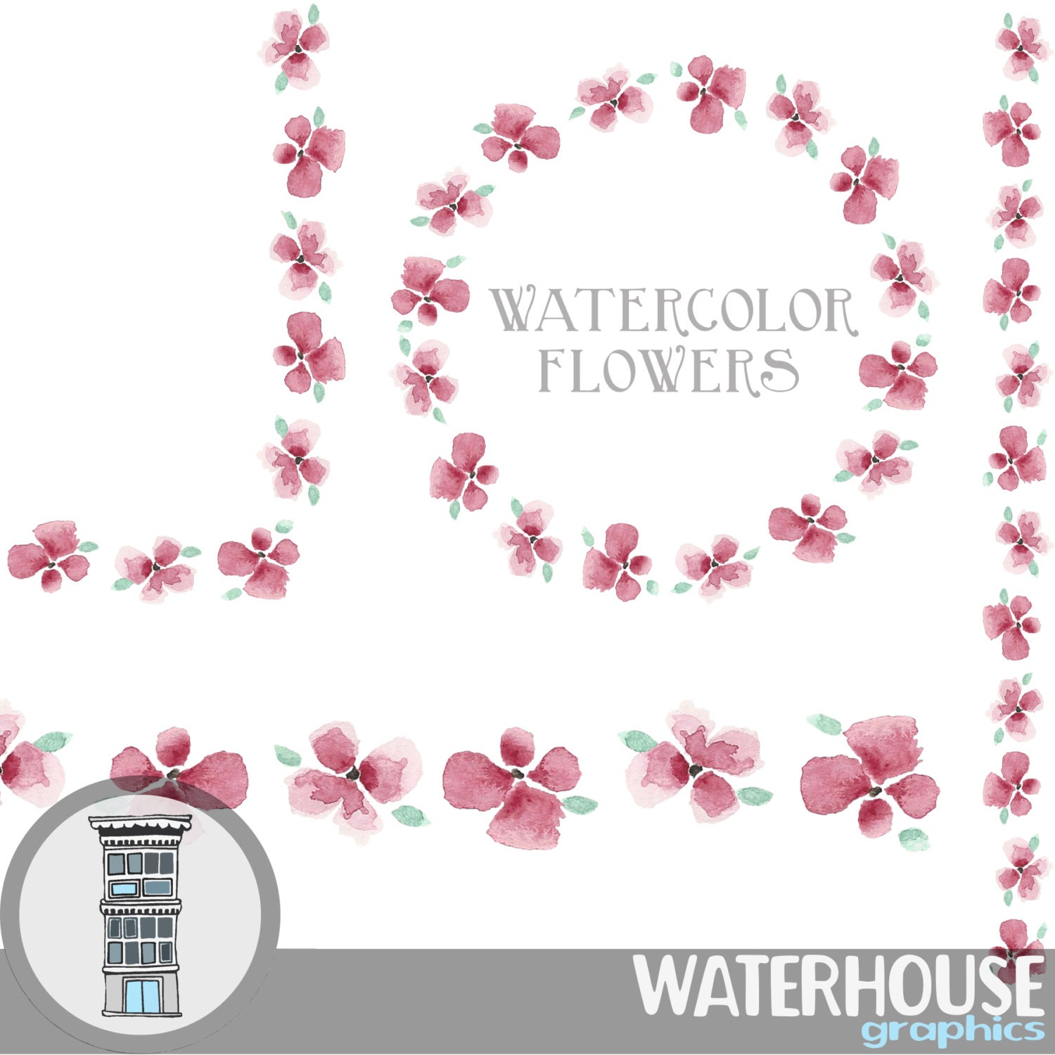 Watercolor Flowers Pink Digital Dividers Frames Clip Art Set