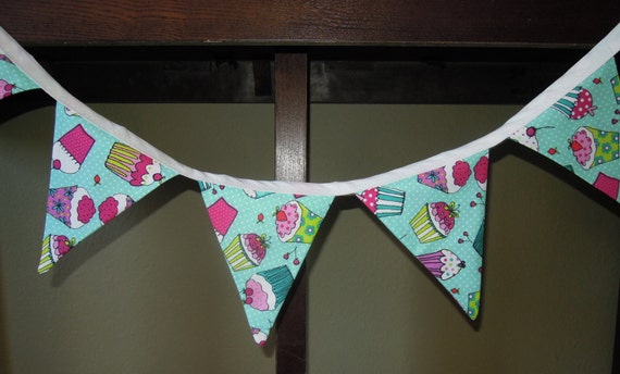 Cupcake Pink Aqua Bunting Fabric Banner by PumpkinSeedsCreation