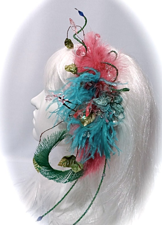 Fairy Feather Hairpiece Festival Headpiece Turquoise and Mauve