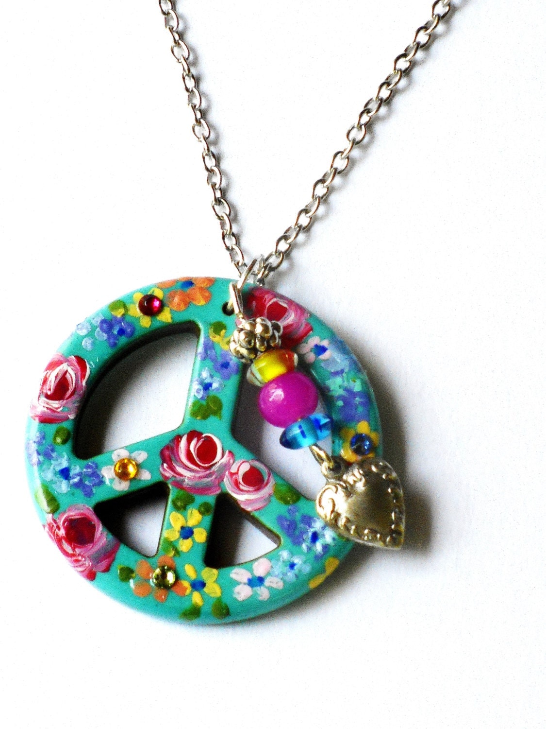 Peace Sign Necklace Hand Painted Colorful Flowers Dangling