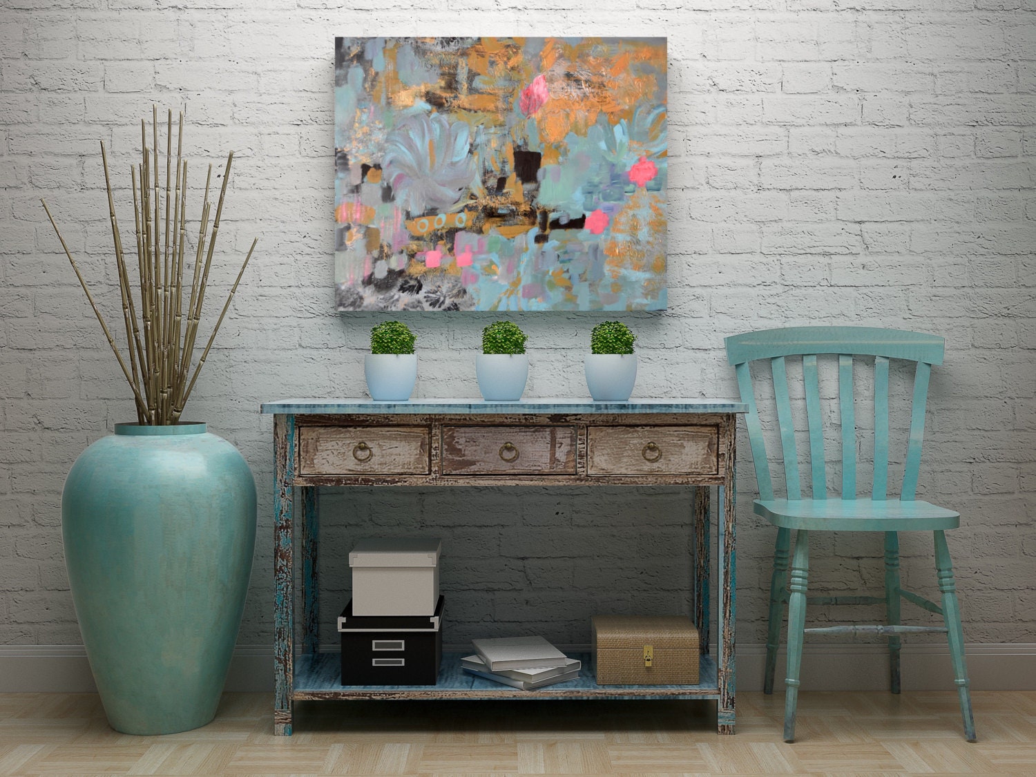 Original Abstract Painting Turquoise Gold Black Gray