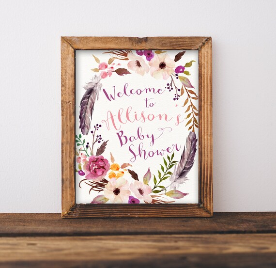 Baby Shower Welcome Sign Printable Boho Chic Feathers Floral