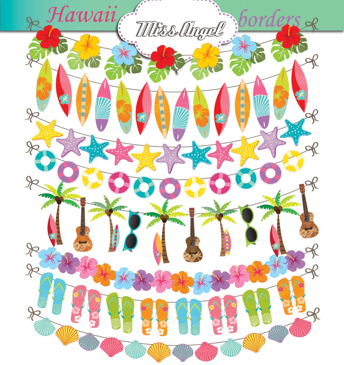 Hawaii Borders Clip art Tropical Summer Digital ribbons Surf