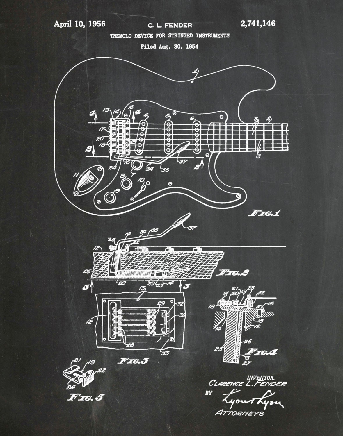 Patent 1956 Fender Guitar Tremelo Stratocaster - Rock Band Instrument ...
