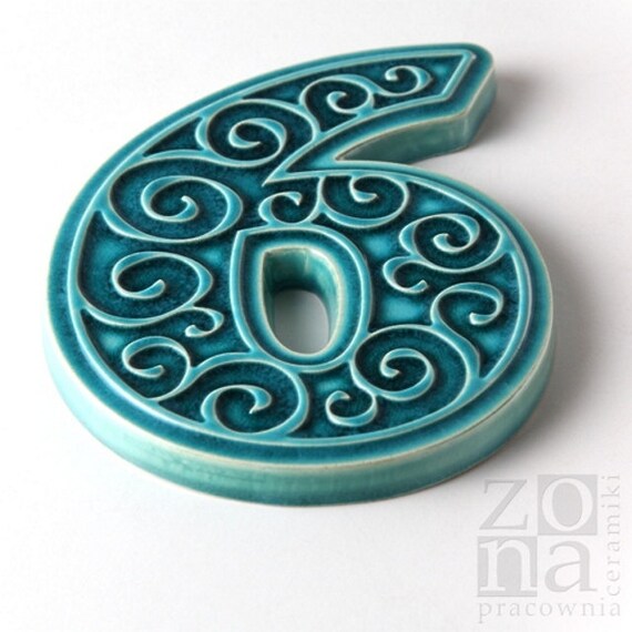 ceramic house number 6 turquoise