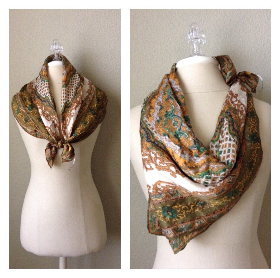 Vintage 60s baroque print scarf / gold and green / mod / psychedelic ...
