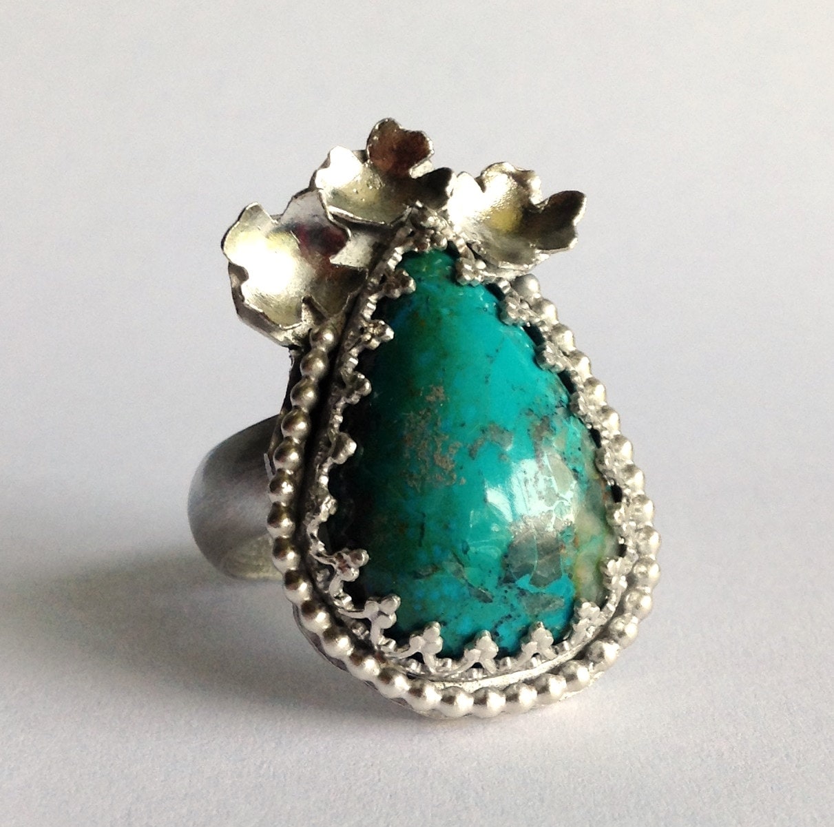 Chrysocolla Flower Ring Blue Green Stone Ring Size 9 Ring