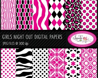 Hot Pink and Black Digital Papers damask lace stripes