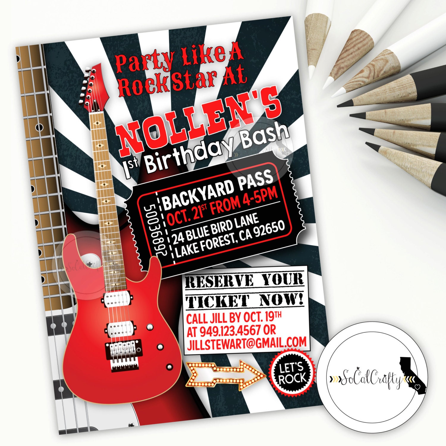 Rock and Roll Birthday Party Invitation Guitar Rock Star