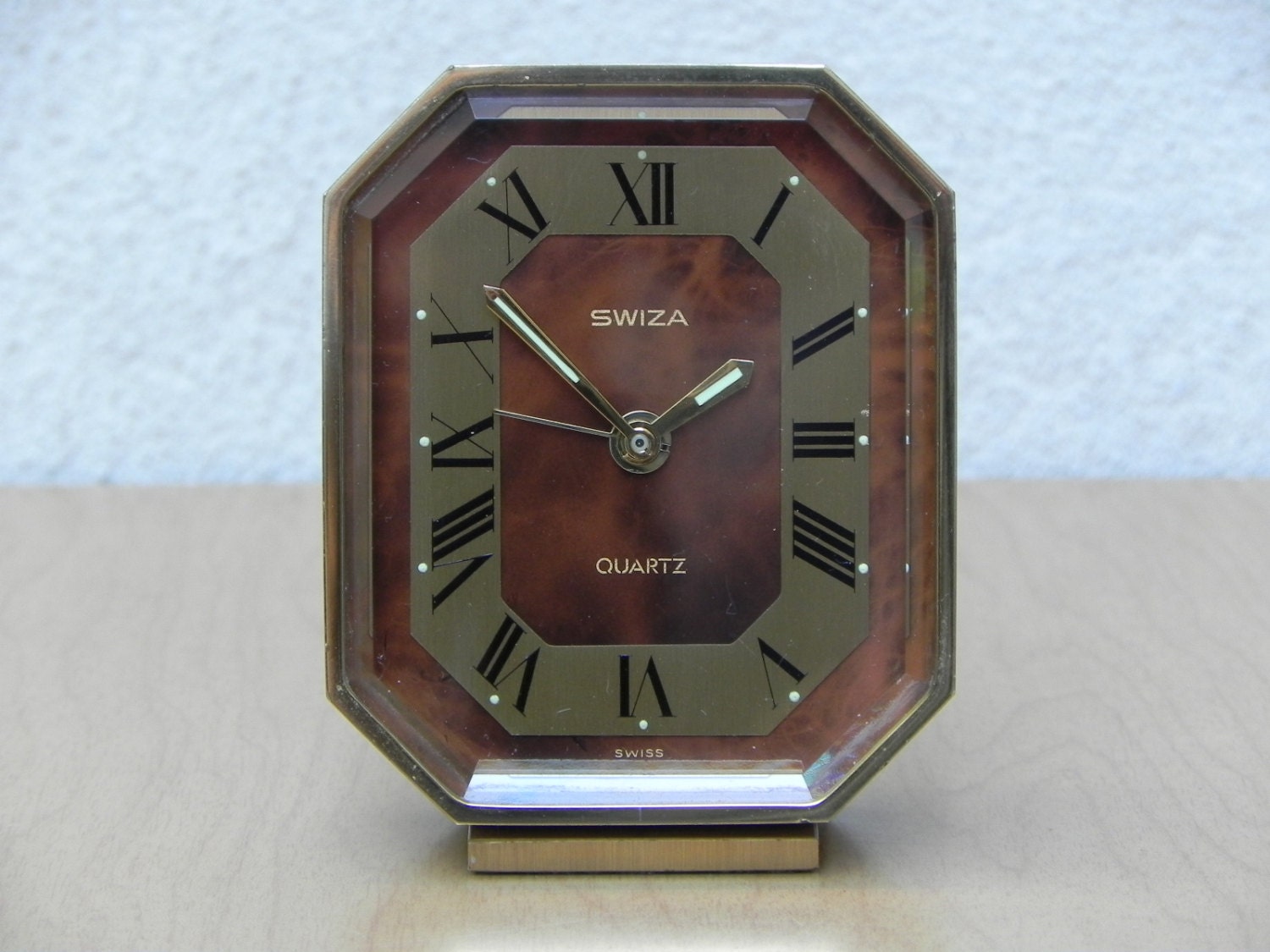 Swiza Small Quartz Brass Desk Clock with Brown Face