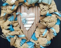 Burlap & Teal Burlap Heart Wreath