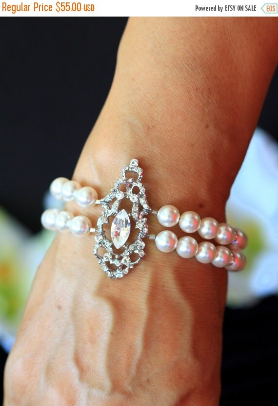 Pearl Cuff Bracelet Rhinestone & Pearl Double Strands Bracelet Bridal ...