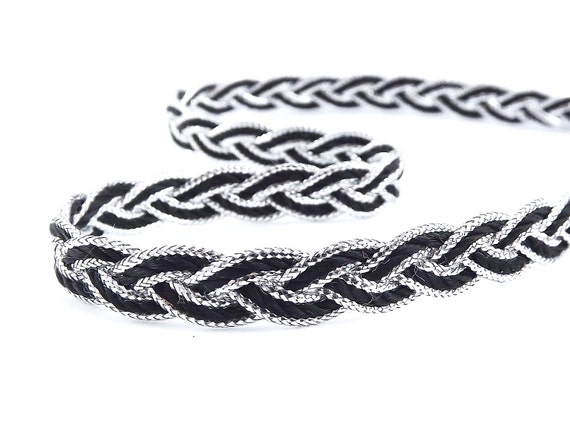 Black Metallic Silver Braided Plait Cord Satin Silk Cord Trim