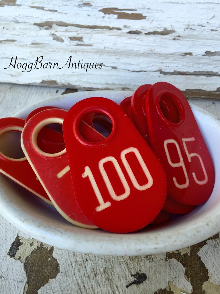 Vintage Cow Tag RED Number Farmhouse Decor French Country Chic