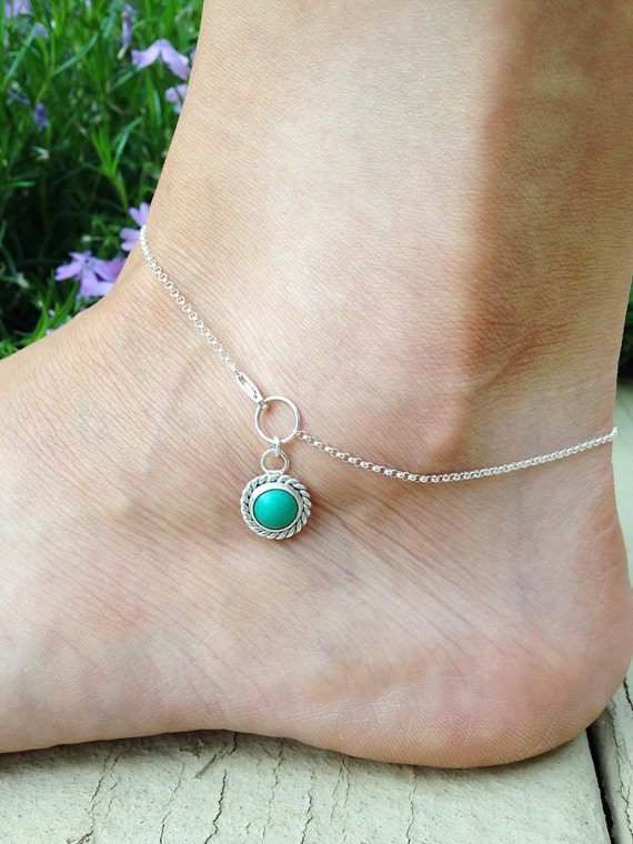 Sterling Silver Genuine Turquoise Anklet Cabochon stone