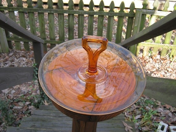 Round Amber Glass Snack Server With Handle Vintage Glass