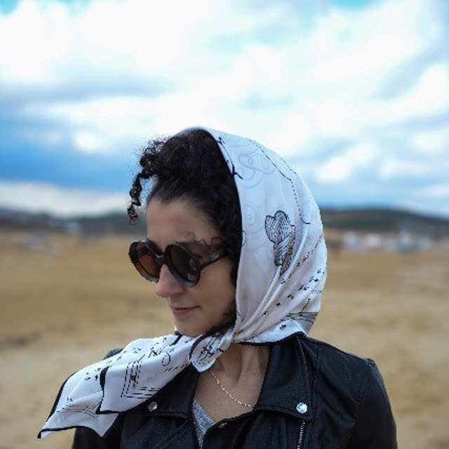 illustrated silk scarves and jewelry designs by MINEDOGAN on Etsy