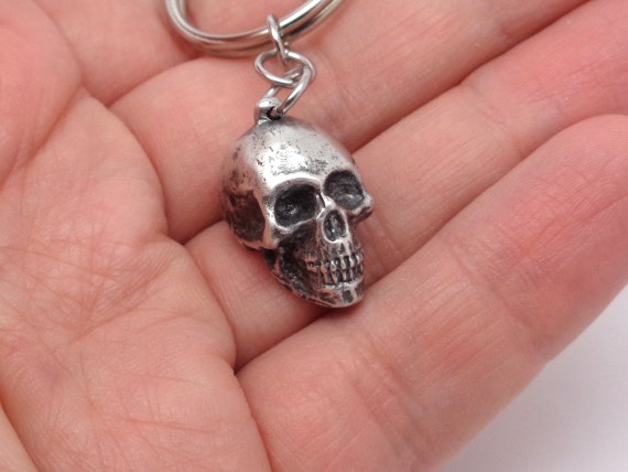 Human Skull Keychain Handmade Metal Cranium Charm in Pewter
