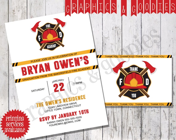 Fire Academy Graduation Invitation W/ Matching Thank You Note