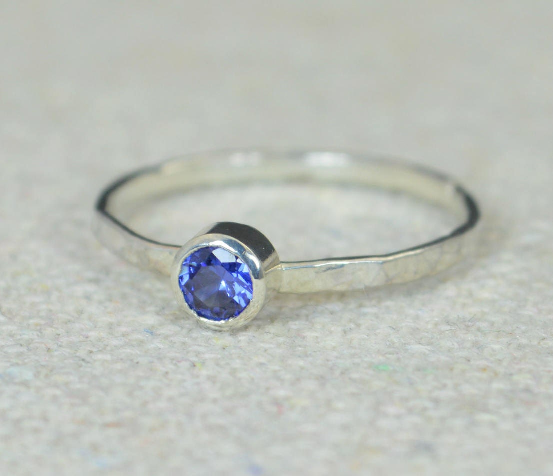 Small Sapphire Ring Hammered Silver Ring Stackable Rings