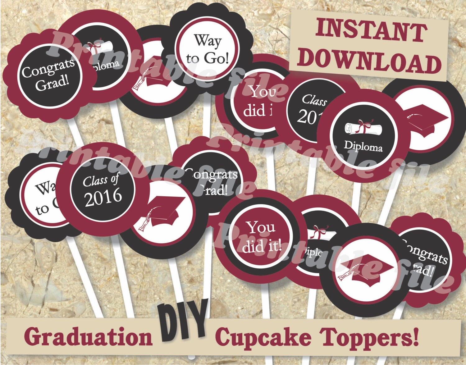 Burgundy graduation cupcake toppers printable DIY template