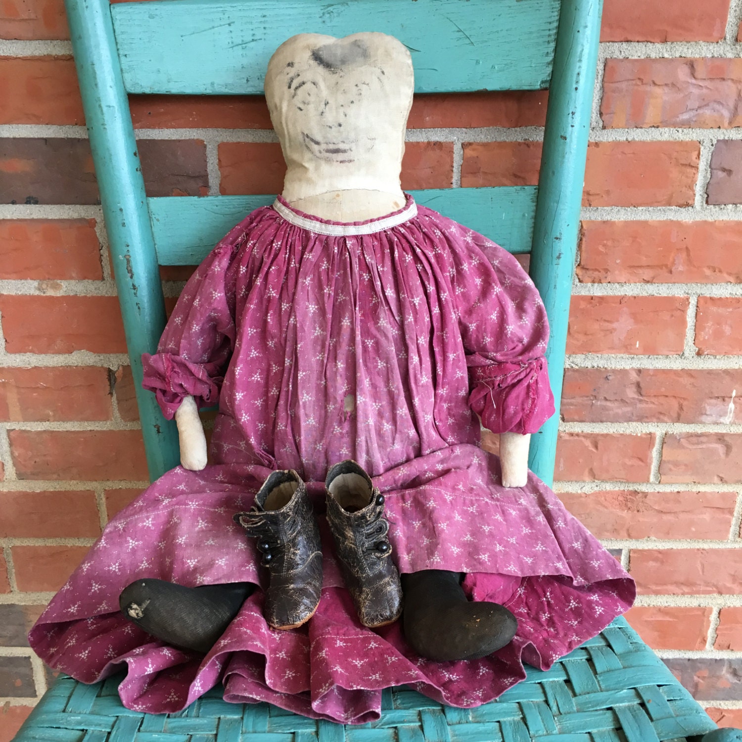 Early Antique Big Rag Cloth Doll Pink Calico Dress 22