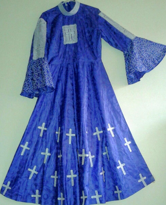 Blue and Silver embroidery crosses couture clergy robe gown