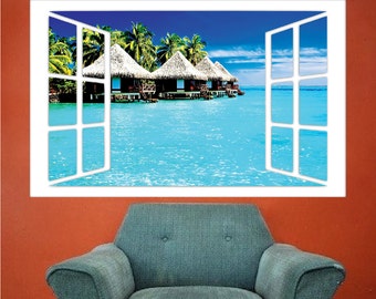 Tropical beach wall sticker 3D window boat wall decal for