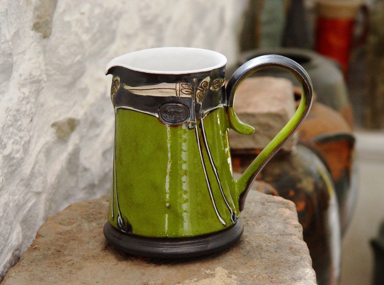 Green Pottery Pitcher Colorful Ceramic Jug Wheel Thrown