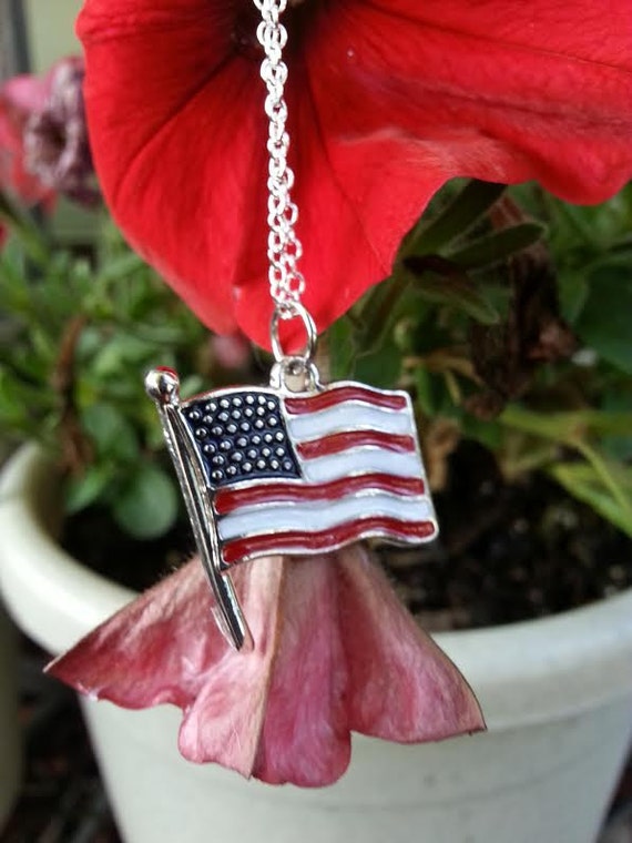 Silver American Flag Necklace Patriotic Pendant by TheGlitzyHen