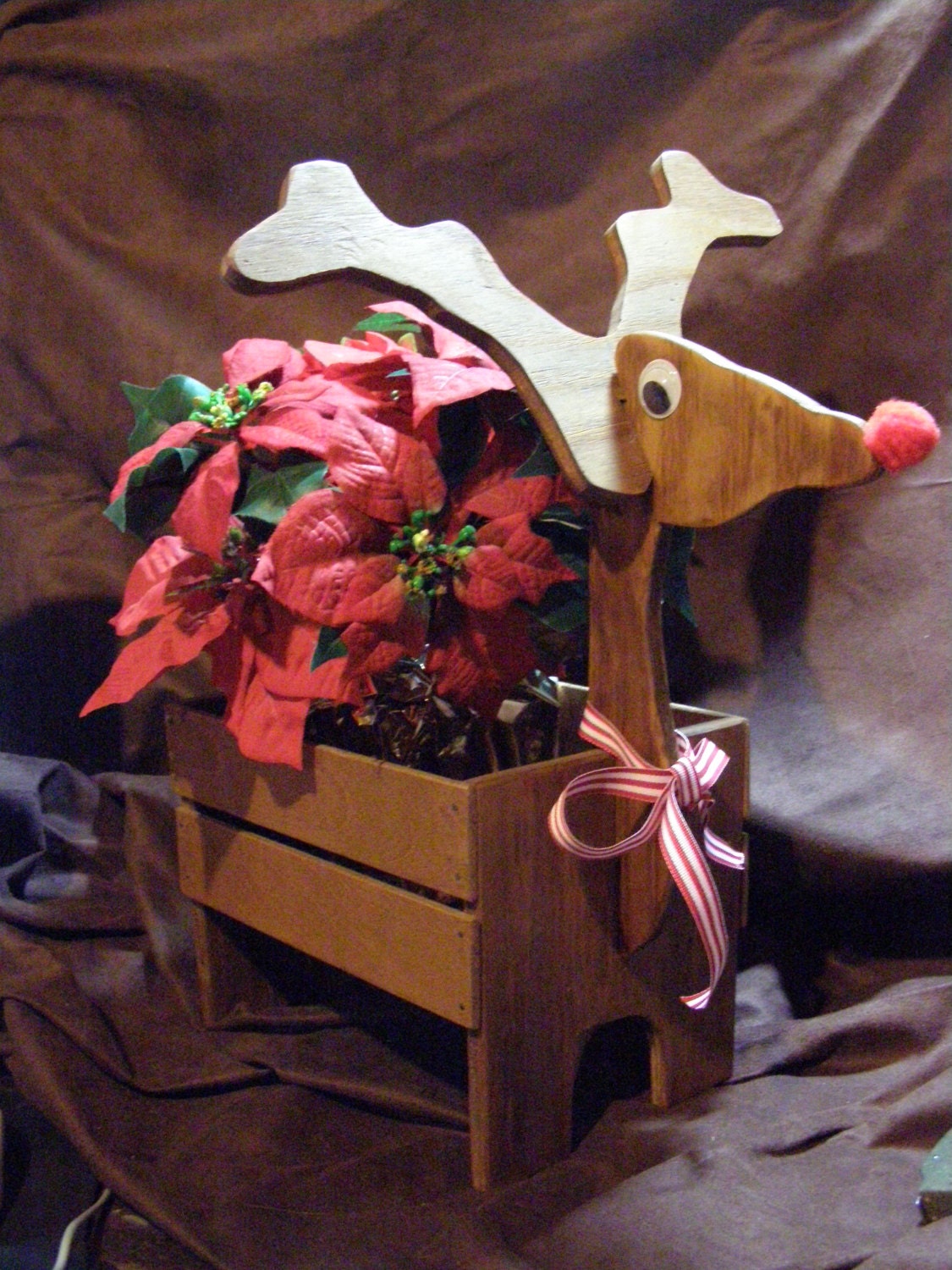 Vintage 1984 wooden red nosed reindeer with googly eyes and a bow ...