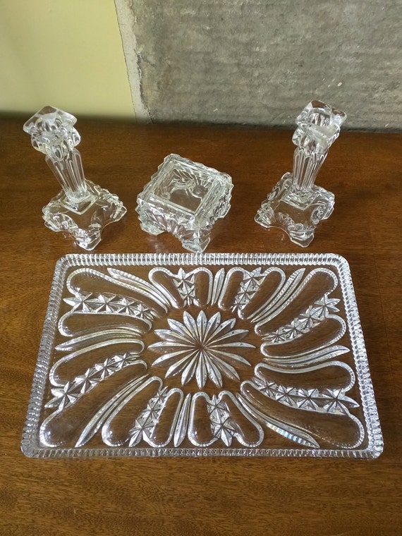 Vintage Glass Dressing Table Set Art Deco Clear Glass