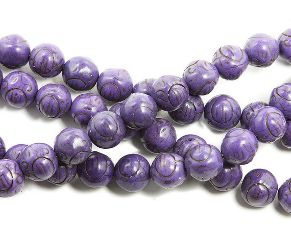 Purple Carved Howlite Round Gemstone Beads