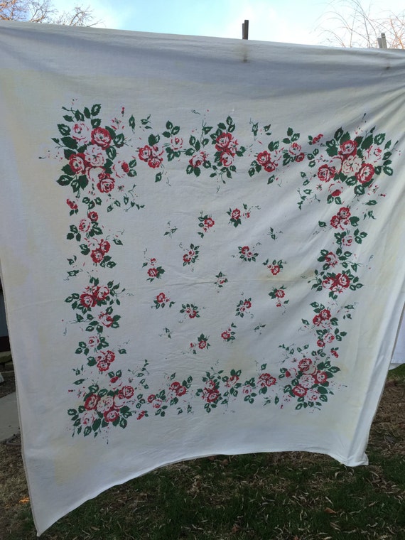 Vintage White with Red Roses Tablecloth