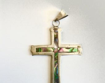Items similar to Blue Crystal Necklace - Abalone Shell Cross Pendant on ...