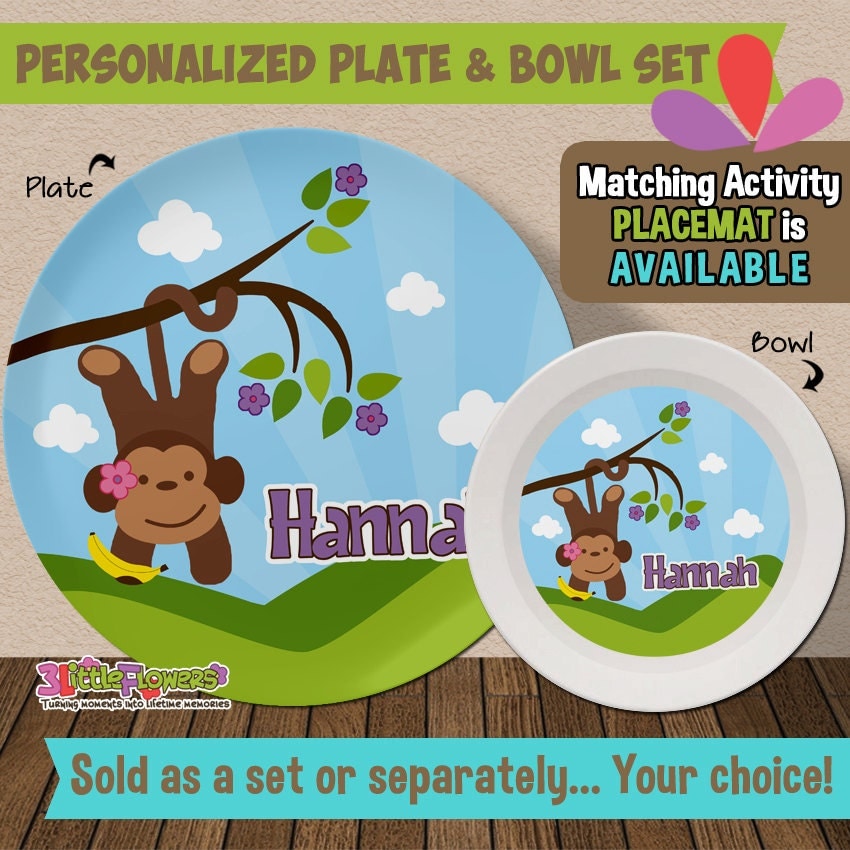 Monkey Plate and Bowl Set Personalized Melamine by 3littleflowers
