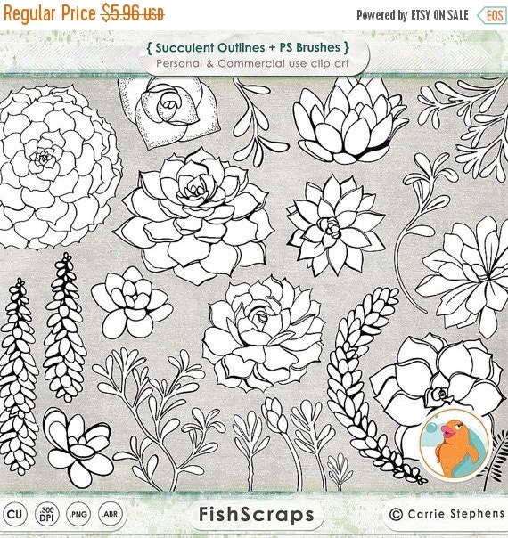 50% SALE Succulent Line Art Printable ClipArt by FishScraps
