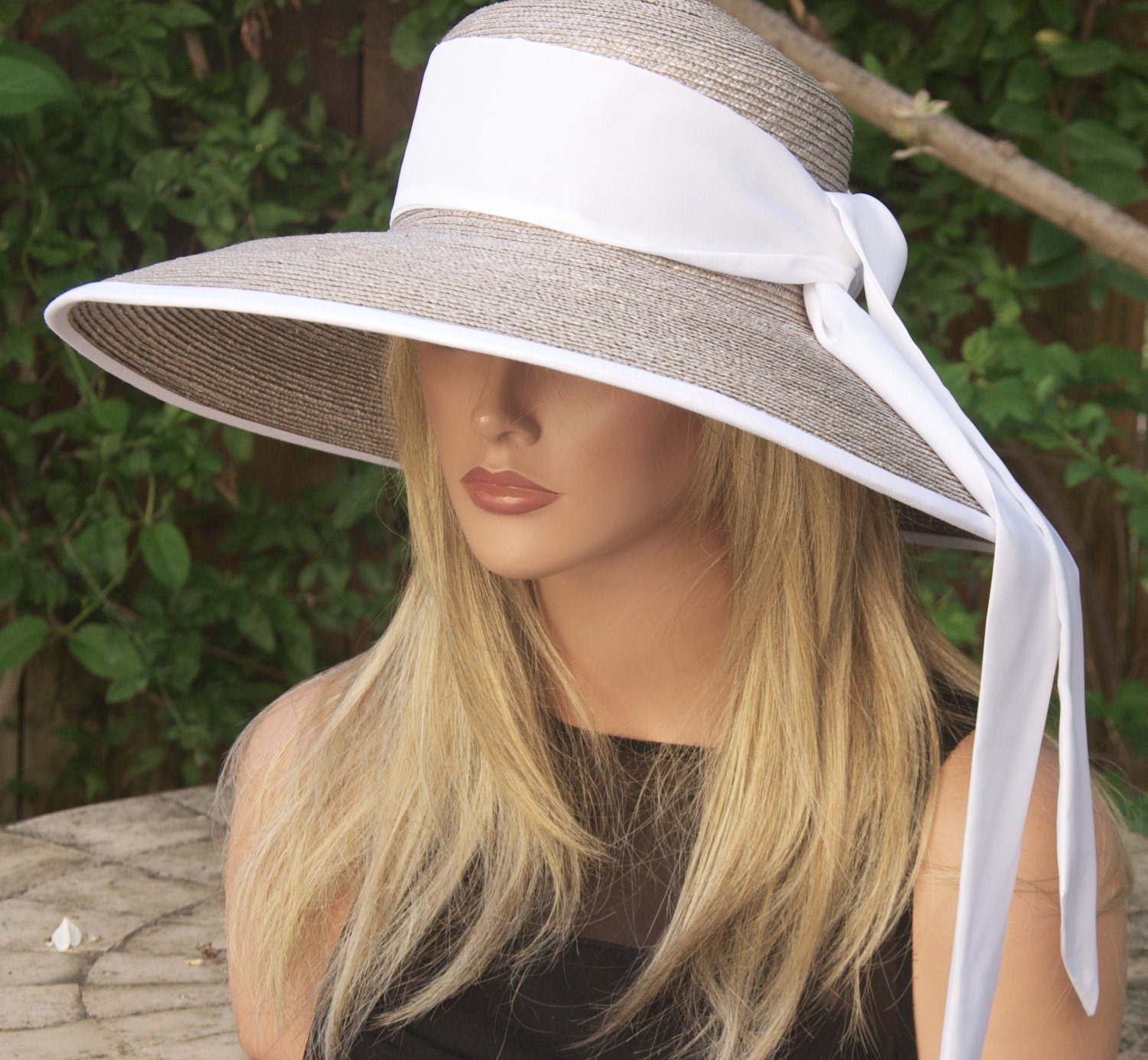 Wide Brim Hat Audrey Hepburn Hat Wedding Hat Women s Taupe White 