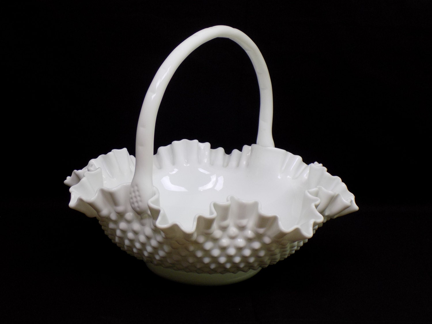 Large Vintage Fenton White Milk Glass Vintage Hobnail Basket