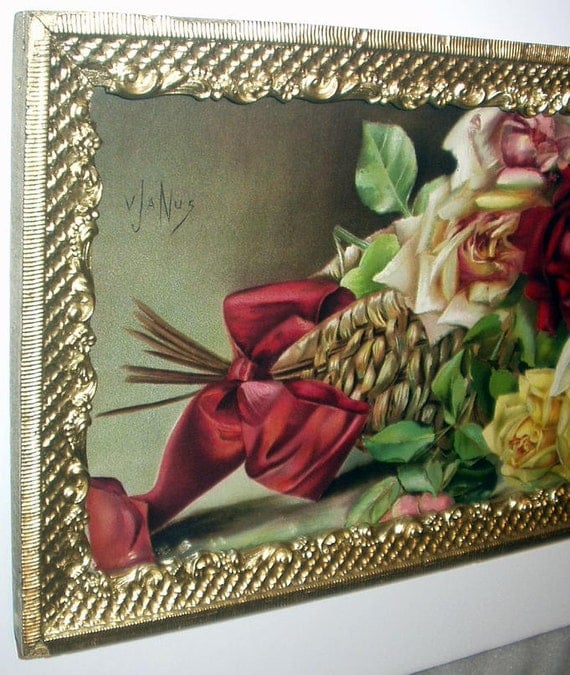 Roses In Wicker Basket 1895 Artist Janus Original Antique