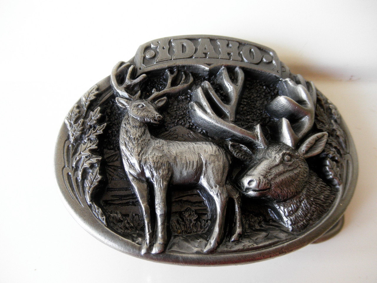 Beautiful IDAHO Belt Buckle Featuring Two Bucks And Oak Leaves Silver ...