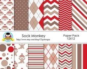 50% OFF SALE SOCK Monkey Digital Paper Pack, red sock monkey paper ...