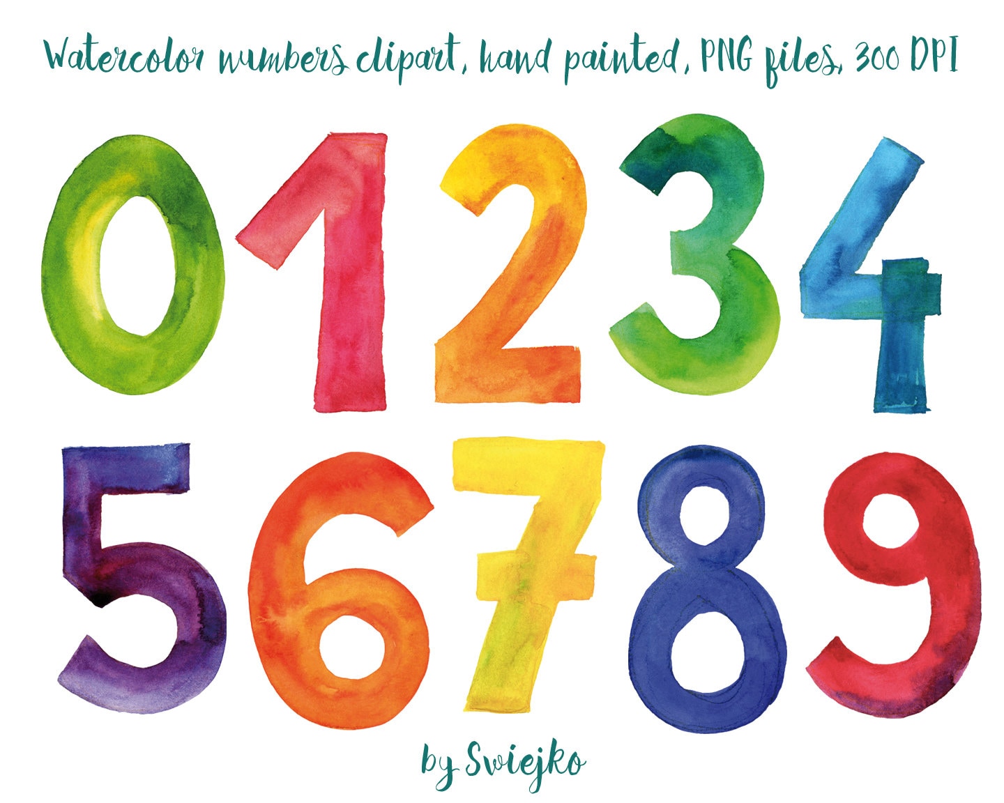 Numbers, watercolor clipart, colorful letters, hand painted, 123, font ...