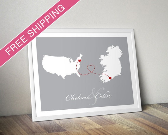 Two Countries Map with Love Trails Engagement Gift Wedding