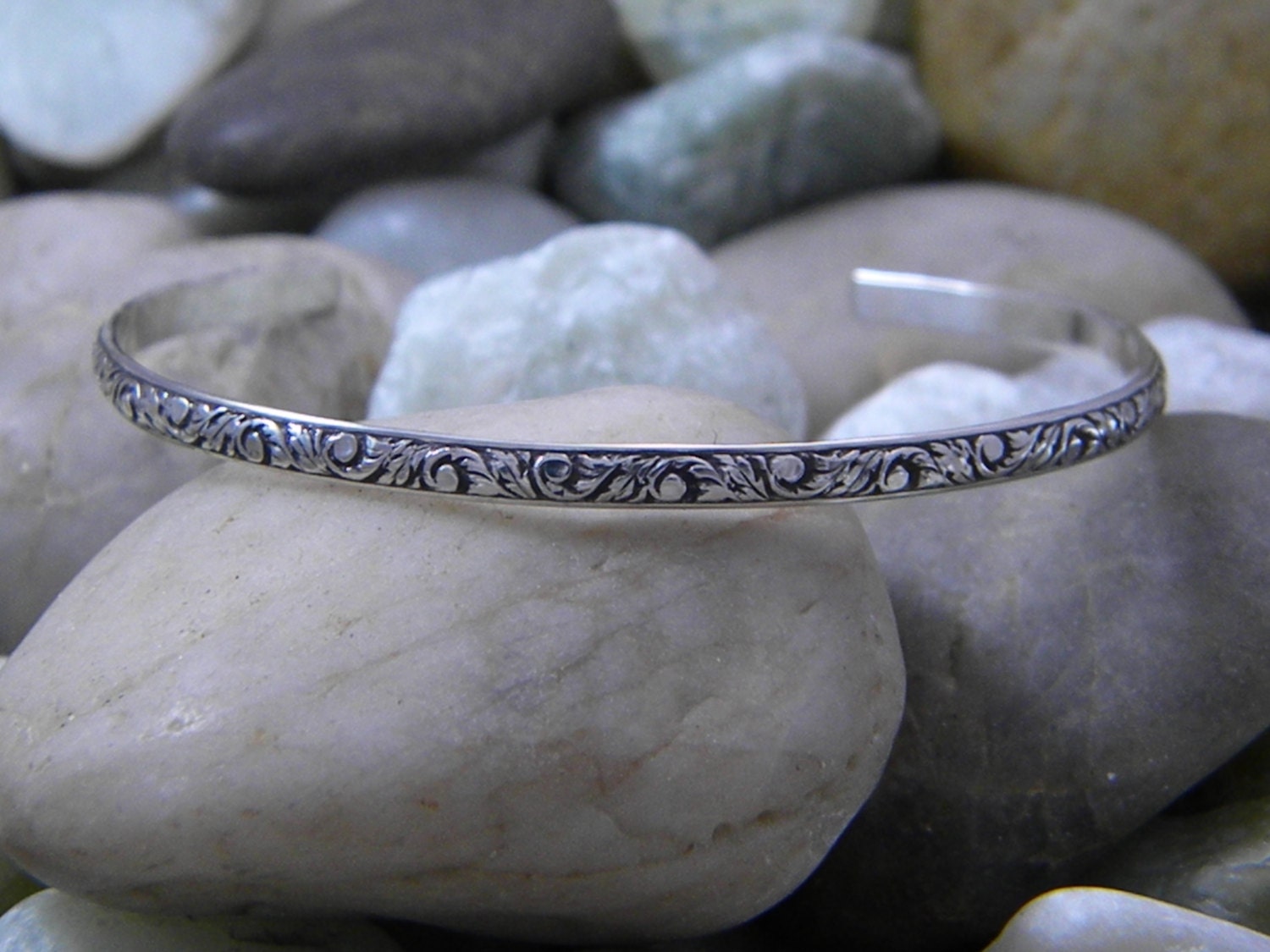 Sterling Silver Cuff Bracelet with antiqued floral pattern